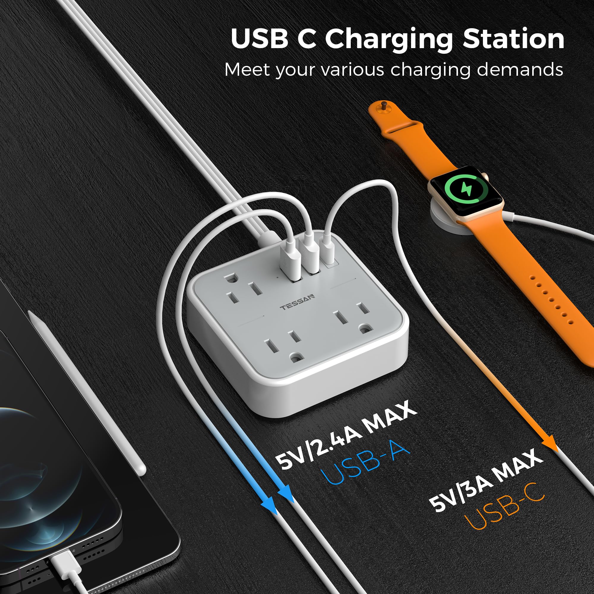 15 FT Extension Cord, TESSAN Slim Power Strip with Flat Wall Plug, Ultra Thin Flat Plug with 3 Outlets and 3 USB (1 USB C) Ports, Flat Long Cord for Cruise Ship Home Travel and Dorm Room Essentials