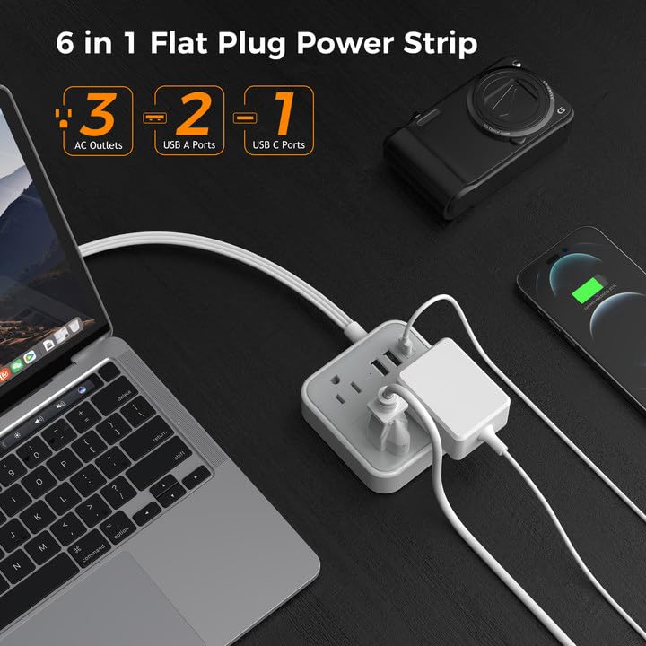 15 FT Extension Cord, TESSAN Slim Power Strip with Flat Wall Plug, Ultra Thin Flat Plug with 3 Outlets and 3 USB (1 USB C) Ports, Flat Long Cord for Cruise Ship Home Travel and Dorm Room Essentials