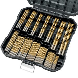 gmtools 99 pcs drill bit set, 135° tip titanium coated high speed steel, twist drill bit kit for iron, aluminum alloy, copper, wood, plastic, with hard storage 1/16"-3/8"