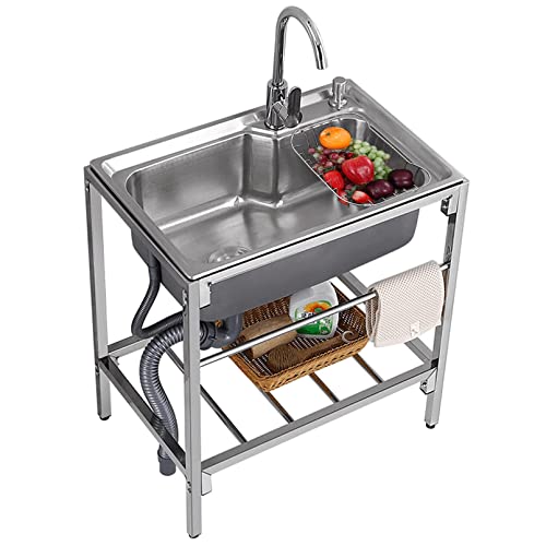 Stainless Steel Utility Sink Free Standing Single Bowl Commercial Restaurant Kitchen Sink w/ Storage Shelve Laundry tub for Indoor Outdoor Garage Backyard 27.9x18.5in 1