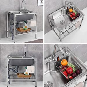 Stainless Steel Utility Sink Free Standing Single Bowl Commercial Restaurant Kitchen Sink w/ Storage Shelve Laundry tub for Indoor Outdoor Garage Backyard 27.9x18.5in 1