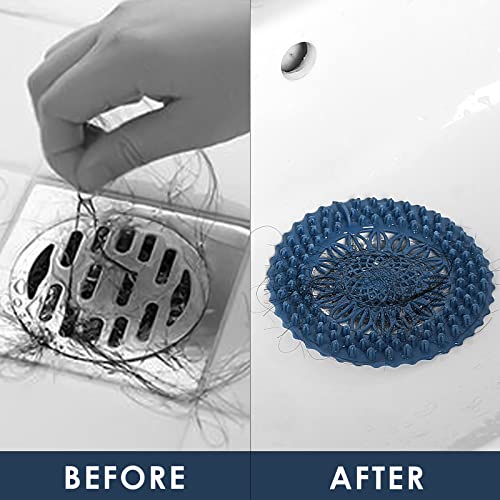 3 Piece Silicone Drain Hair Catcher Shower Drain Cover, Bathtub Drain Covers Accessories Kitchen Sink Strainer Stopper Trap Tub Flower Covers for Drain Kitchen Handbasin Bathroom (Blue, White, Black)