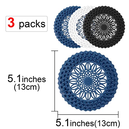 3 Piece Silicone Drain Hair Catcher Shower Drain Cover, Bathtub Drain Covers Accessories Kitchen Sink Strainer Stopper Trap Tub Flower Covers for Drain Kitchen Handbasin Bathroom (Blue, White, Black)