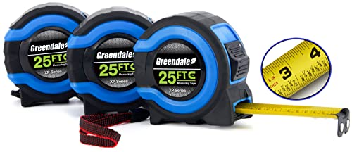 Greendale - 3 Pack - 25 ft Tape Measures - Easy to Read Fractions to 1/8th inch - Magnetic Tip - Thumb and Quick Lock - Autowind - Belt Clip