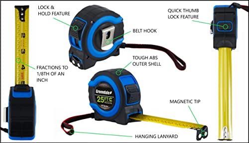 Greendale - 3 Pack - 25 ft Tape Measures - Easy to Read Fractions to 1/8th inch - Magnetic Tip - Thumb and Quick Lock - Autowind - Belt Clip