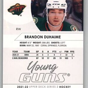 2021-22 Upper Deck #474 Brandon Duhaime Young Gun RC Rookie Minnesota Wild Series 2 NHL Hockey Trading Card