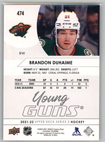 2021-22 Upper Deck #474 Brandon Duhaime Young Gun RC Rookie Minnesota Wild Series 2 NHL Hockey Trading Card