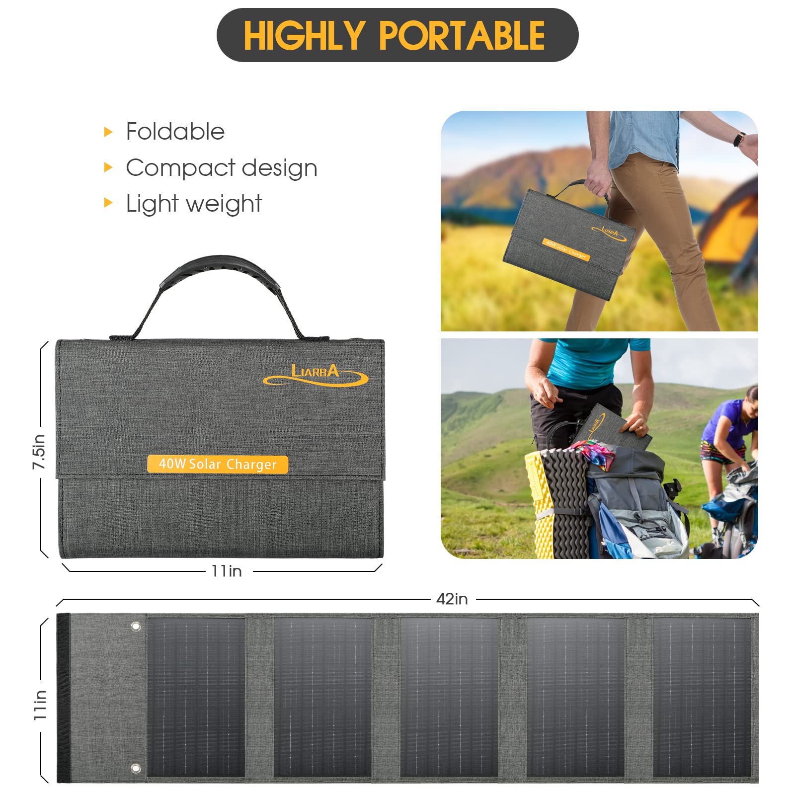 Liarba 40W Solar Panel,Professional Solar Panel Charger,Foldable Solar Panel, Portable Solar Panel with USB QC3.0/DC Port for Compatible with Power Station, Cell Phone,Outdoor Camping Van Rv Trip