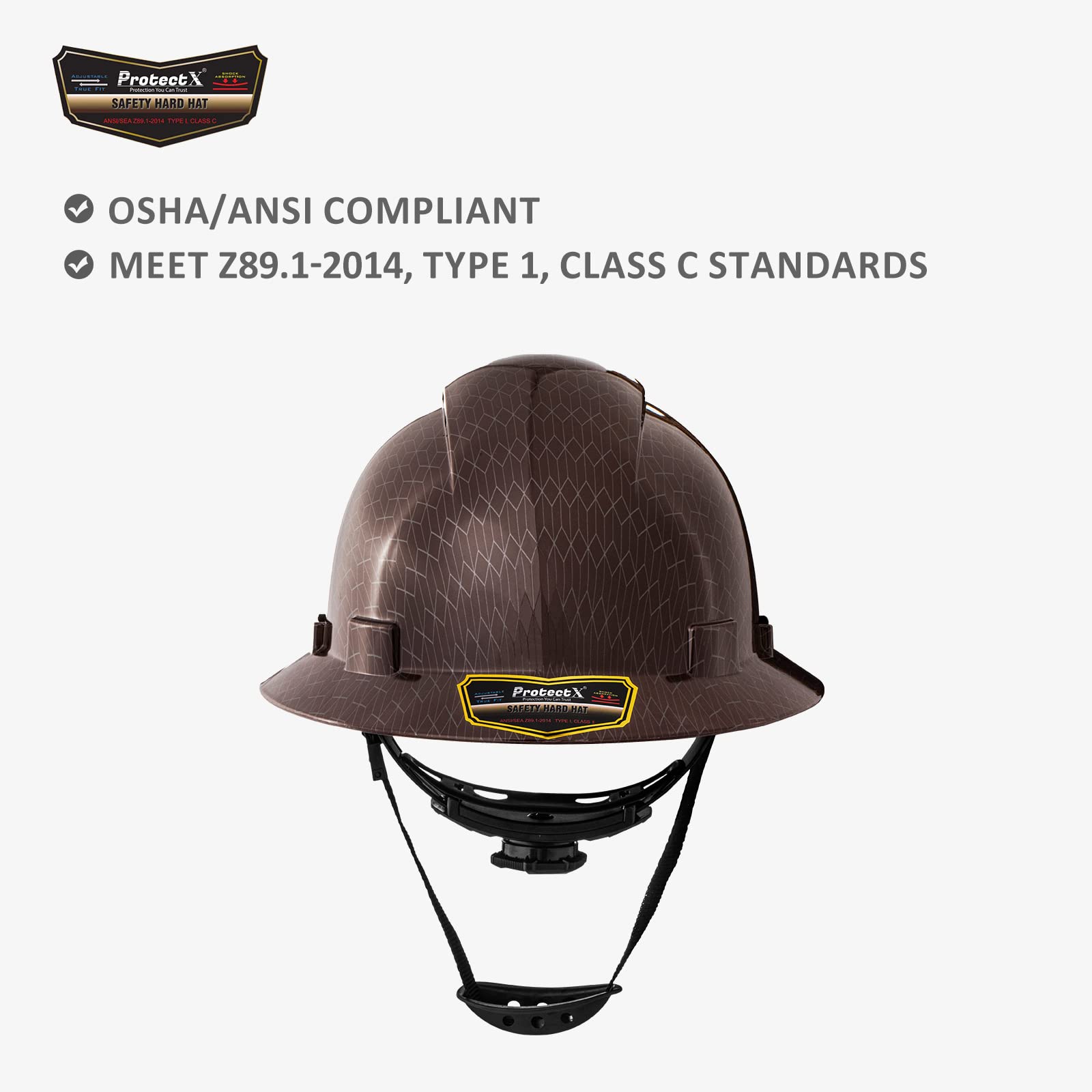 ProtectX Premium Full Brim Hard Hat, Cascos De Construccion for Safety, Vented, 6-Point Adjustable Ratchet Suspension, Brown, OSHA/ANSI Compliant