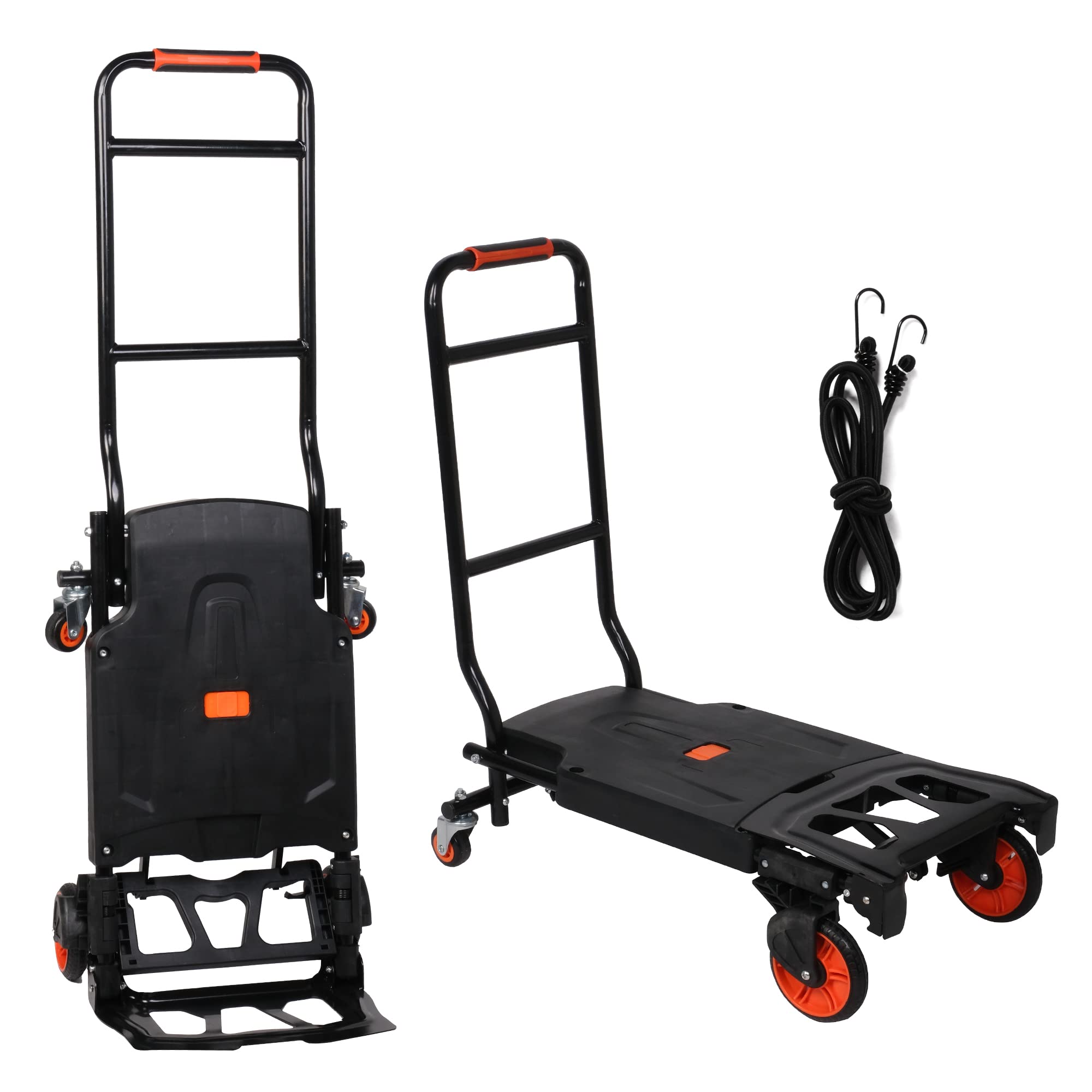 Folding Hand Truck 2 in 1 Platform Truck Cart Heavy Duty Folding Push Dolly for Moving One-Button Folding Dual-Purpose Design 330lbs Capacity Hand Cart Foldable Dolly Push Cart with Bungee Cord Black