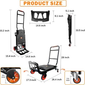 Folding Hand Truck 2 in 1 Platform Truck Cart Heavy Duty Folding Push Dolly for Moving One-Button Folding Dual-Purpose Design 330lbs Capacity Hand Cart Foldable Dolly Push Cart with Bungee Cord Black