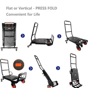 Folding Hand Truck 2 in 1 Platform Truck Cart Heavy Duty Folding Push Dolly for Moving One-Button Folding Dual-Purpose Design 330lbs Capacity Hand Cart Foldable Dolly Push Cart with Bungee Cord Black