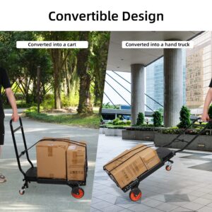 Folding Hand Truck 2 in 1 Platform Truck Cart Heavy Duty Folding Push Dolly for Moving One-Button Folding Dual-Purpose Design 330lbs Capacity Hand Cart Foldable Dolly Push Cart with Bungee Cord Black