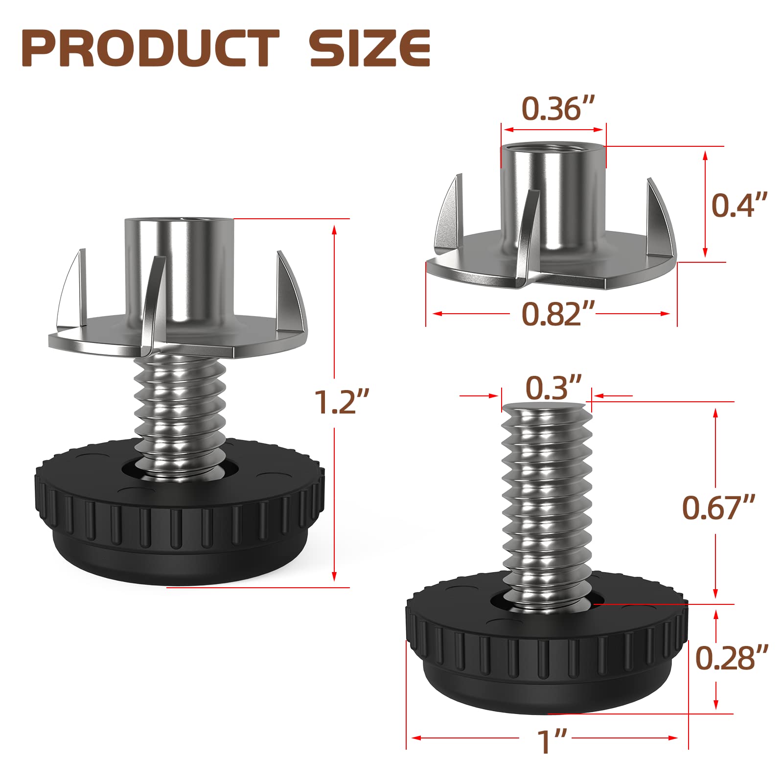 KOMOHOM 8 Pack 5/16-18 Stainless Steel Screw-in Furniture Levelers, Adjustable Furniture Levelers Screw in Threaded,T- Nut Kit Threaded Leveling Feet Glides for Table, Chair, Furniture Legs