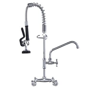 iviga 26" height commercial kitchen faucet wall mount with pre-rinse sprayer, 4" to 9" adjustable center with humanized handle design & 10" add-on swing spout faucet & coiled spring pull down spray