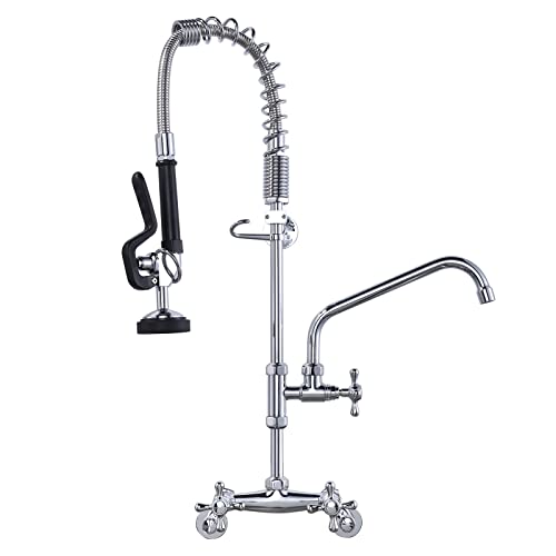 iVIGA 26" Height Commercial Kitchen Faucet Wall Mount with Pre-Rinse Sprayer, 4" to 9" Adjustable Center with Humanized Handle Design & 10" Add-on Swing Spout Faucet & Coiled Spring Pull Down Spray