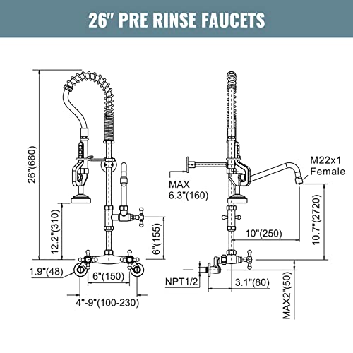 iVIGA 26" Height Commercial Kitchen Faucet Wall Mount with Pre-Rinse Sprayer, 4" to 9" Adjustable Center with Humanized Handle Design & 10" Add-on Swing Spout Faucet & Coiled Spring Pull Down Spray