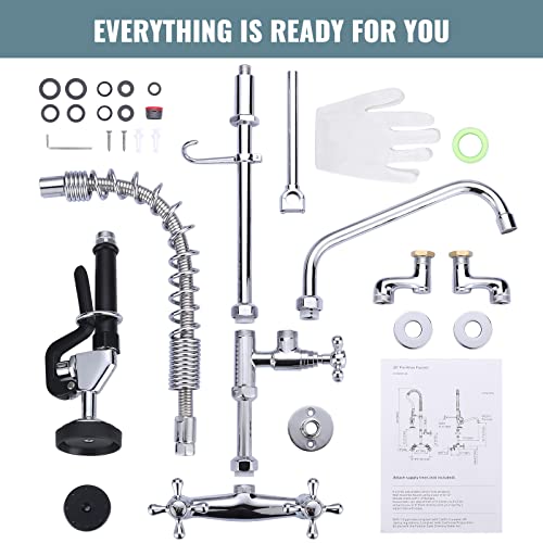 iVIGA 26" Height Commercial Kitchen Faucet Wall Mount with Pre-Rinse Sprayer, 4" to 9" Adjustable Center with Humanized Handle Design & 10" Add-on Swing Spout Faucet & Coiled Spring Pull Down Spray