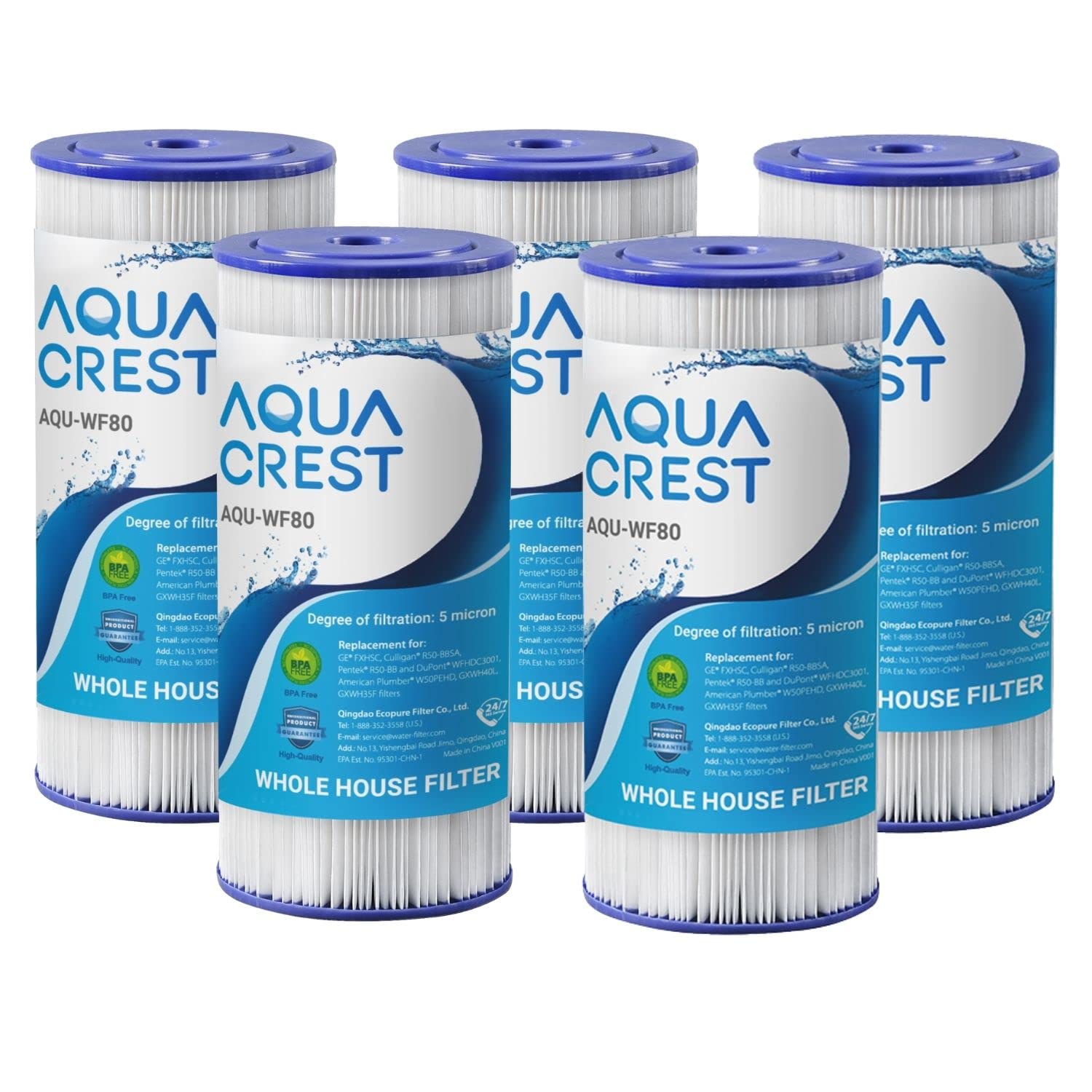 AQUACREST FXHSC Whole House Water Filter, Replacement for GE FXHSC, GXWH40L, GXWH35F, American Plumber W50PEHD, W10-PR, Culligan R50-BBSA, 5 Micron, 10" x 4.5", High Flow Sediment Filters, Pack of 5