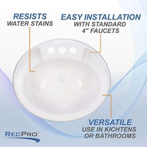 RecPro Oval RV Bathroom Sink | White | Single Bowl Lavatory Sink | Camper Sink | 20x17" | Plastic