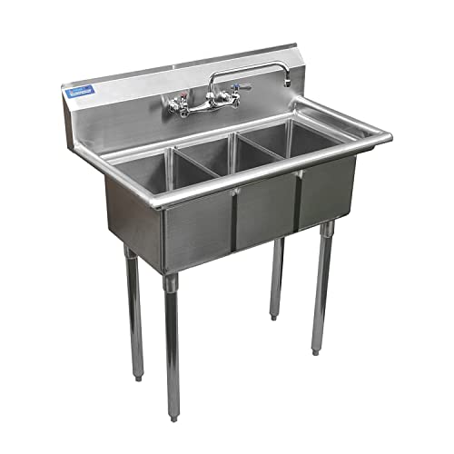 Stainless Steel Sink - 3 Compartment Sink 10"x14"x10" with Legs and Faucet | NSF | Utility | Commercial | Laundry | Kitchen