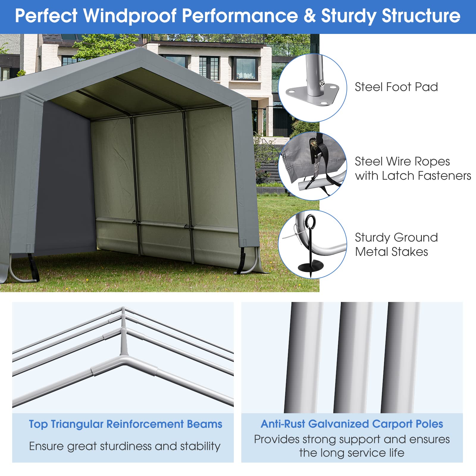 Tangkula 10x16Ft Heavy-Duty Carport, Outdoor Portable Garage with Reinforced Triangular Beams, Galvanized Steel Frame, All-Season Metal Car Canopy with 2 Removable Doors for Car, Truck, SUV, Boat