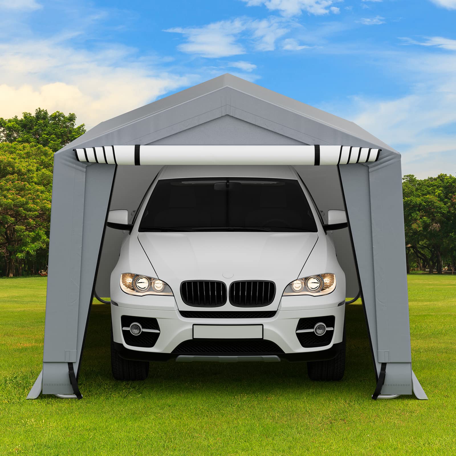 Tangkula 10x16Ft Heavy-Duty Carport, Outdoor Portable Garage with Reinforced Triangular Beams, Galvanized Steel Frame, All-Season Metal Car Canopy with 2 Removable Doors for Car, Truck, SUV, Boat