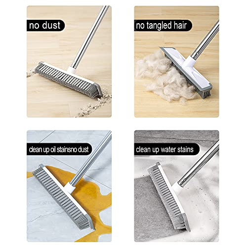 BERLFY Rubber Broom,Pet Hair Remover with Squeegee,Long Handle Brooms for Floor Sweeping,Works on All Floors Even Carpets