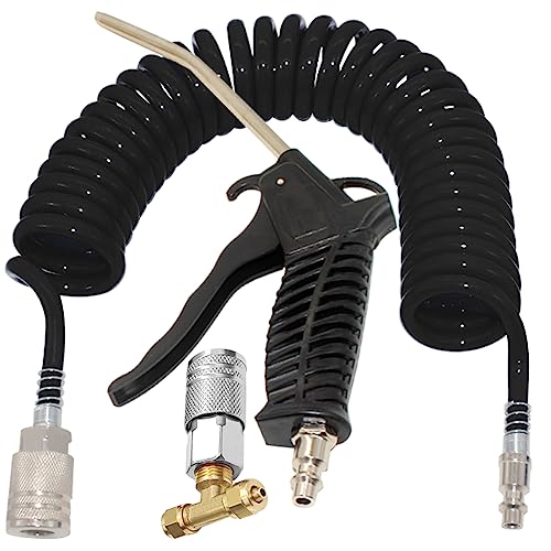 Qolekog Air Blow Gun kit with 16ft Long 8mm OD Coil PU Air Hose Air Duster Blow Gun Kit (Black)