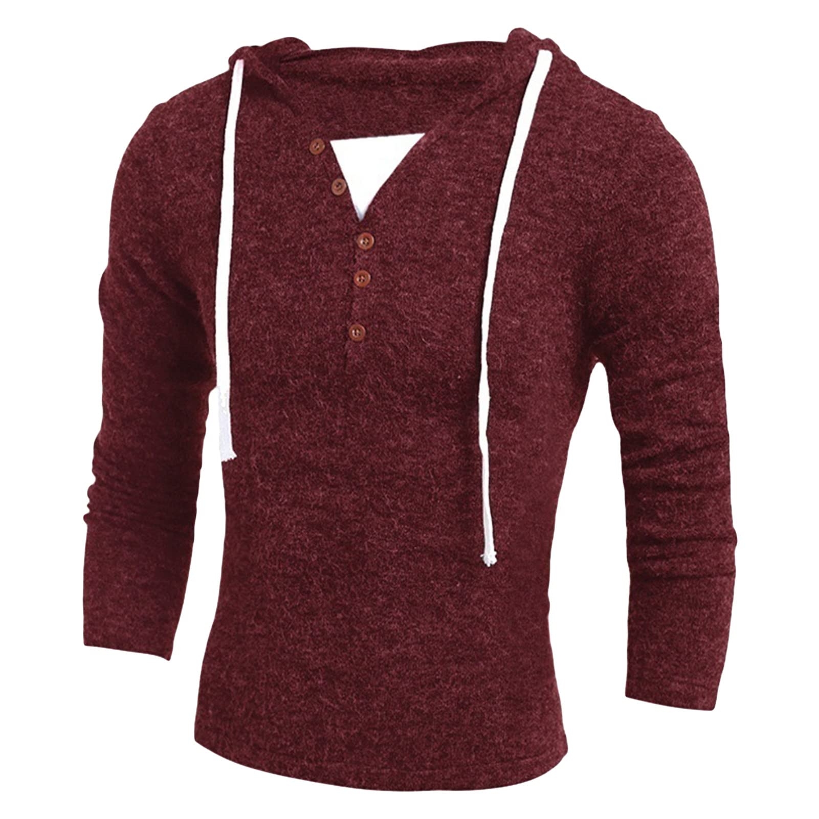 Maiyifu-GJ Men's Long Sleeve Henley Hooded Pullover Solid Lightweight Knit Fleece Hoodies Causal Athletic Hoodie Sweatshirts (Red,Small)