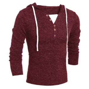 Maiyifu-GJ Men's Long Sleeve Henley Hooded Pullover Solid Lightweight Knit Fleece Hoodies Causal Athletic Hoodie Sweatshirts (Red,Small)