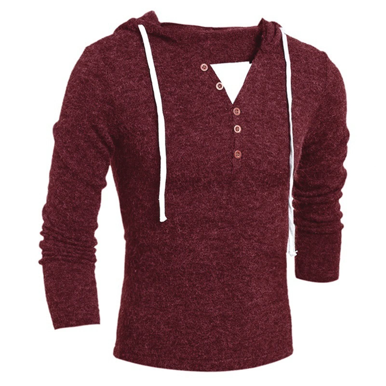 Maiyifu-GJ Men's Long Sleeve Henley Hooded Pullover Solid Lightweight Knit Fleece Hoodies Causal Athletic Hoodie Sweatshirts (Red,Small)