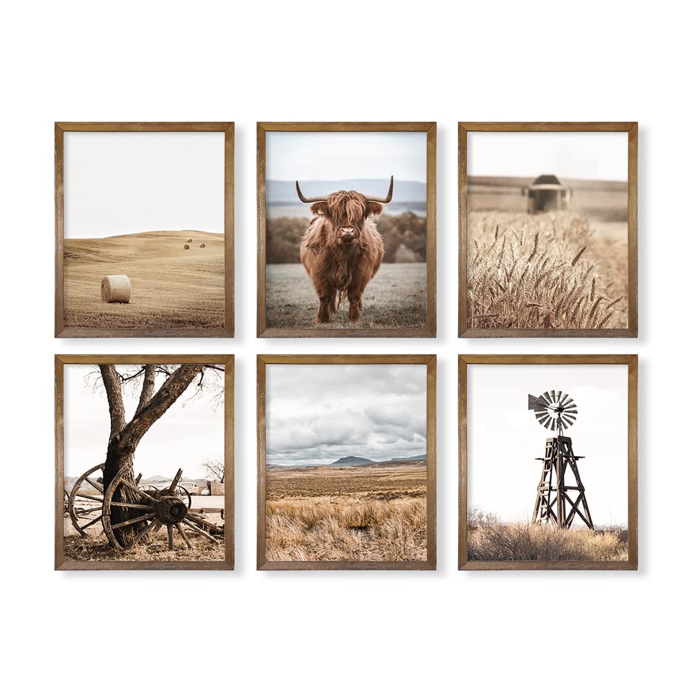 Boho Western Decor - Gift for Cowboy Men Cowgirl - Set of 6 - Highland Cow Pictures Wall Art - Southern Farm House Animal - Old West Ranch Room Decor - Country Print - Rustic Farmhouse Bathroom Poster