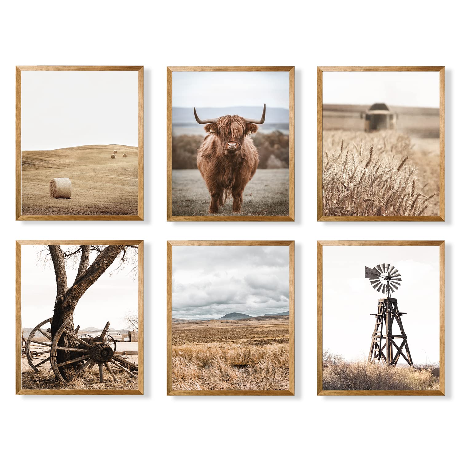 Boho Western Decor - Gift for Cowboy Men Cowgirl - Set of 6 - Highland Cow Pictures Wall Art - Southern Farm House Animal - Old West Ranch Room Decor - Country Print - Rustic Farmhouse Bathroom Poster