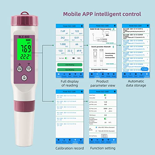 Digital PH Meter, 7 in 1 Bluetooth PH, TDS, EC, ORP, SG, Salinity and Temperature Tester Pen 0.01 High Accuracy for Household Drinking, Hydroponics, Pools and Aquarium