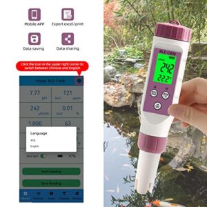 Digital PH Meter, 7 in 1 Bluetooth PH, TDS, EC, ORP, SG, Salinity and Temperature Tester Pen 0.01 High Accuracy for Household Drinking, Hydroponics, Pools and Aquarium