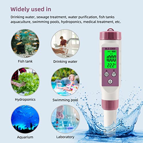 Digital PH Meter, 7 in 1 Bluetooth PH, TDS, EC, ORP, SG, Salinity and Temperature Tester Pen 0.01 High Accuracy for Household Drinking, Hydroponics, Pools and Aquarium