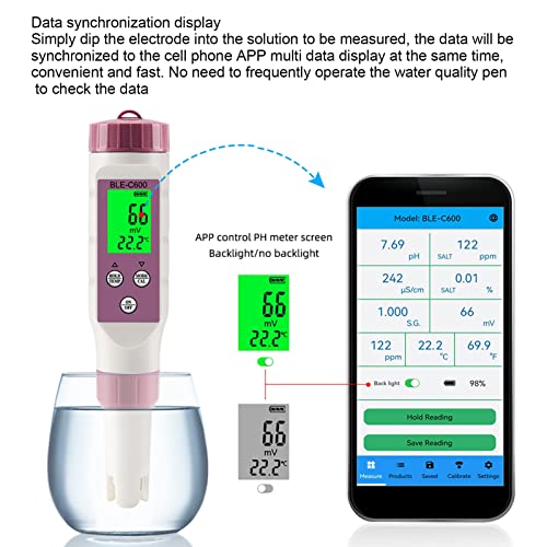 Digital PH Meter, 7 in 1 Bluetooth PH, TDS, EC, ORP, SG, Salinity and Temperature Tester Pen 0.01 High Accuracy for Household Drinking, Hydroponics, Pools and Aquarium