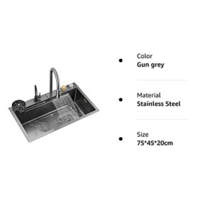 Ozetix Kitchen Sink 304 Stainless Steel Nano Raindance Waterfall Sink Home Sink Vegetable Basin Single Sink Workstation Kitchen Sink With Pull-Out Faucet, Pressurized Cup Washer, Gun grey, 75*45*20cm