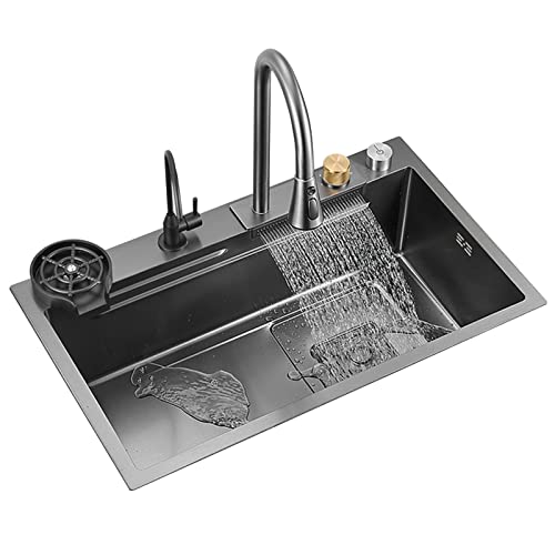 Ozetix Kitchen Sink 304 Stainless Steel Nano Raindance Waterfall Sink Home Sink Vegetable Basin Single Sink Workstation Kitchen Sink With Pull-Out Faucet, Pressurized Cup Washer, Gun grey, 75*45*20cm