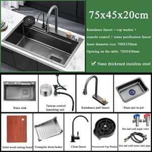 Ozetix Kitchen Sink 304 Stainless Steel Nano Raindance Waterfall Sink Home Sink Vegetable Basin Single Sink Workstation Kitchen Sink With Pull-Out Faucet, Pressurized Cup Washer, Gun grey, 75*45*20cm