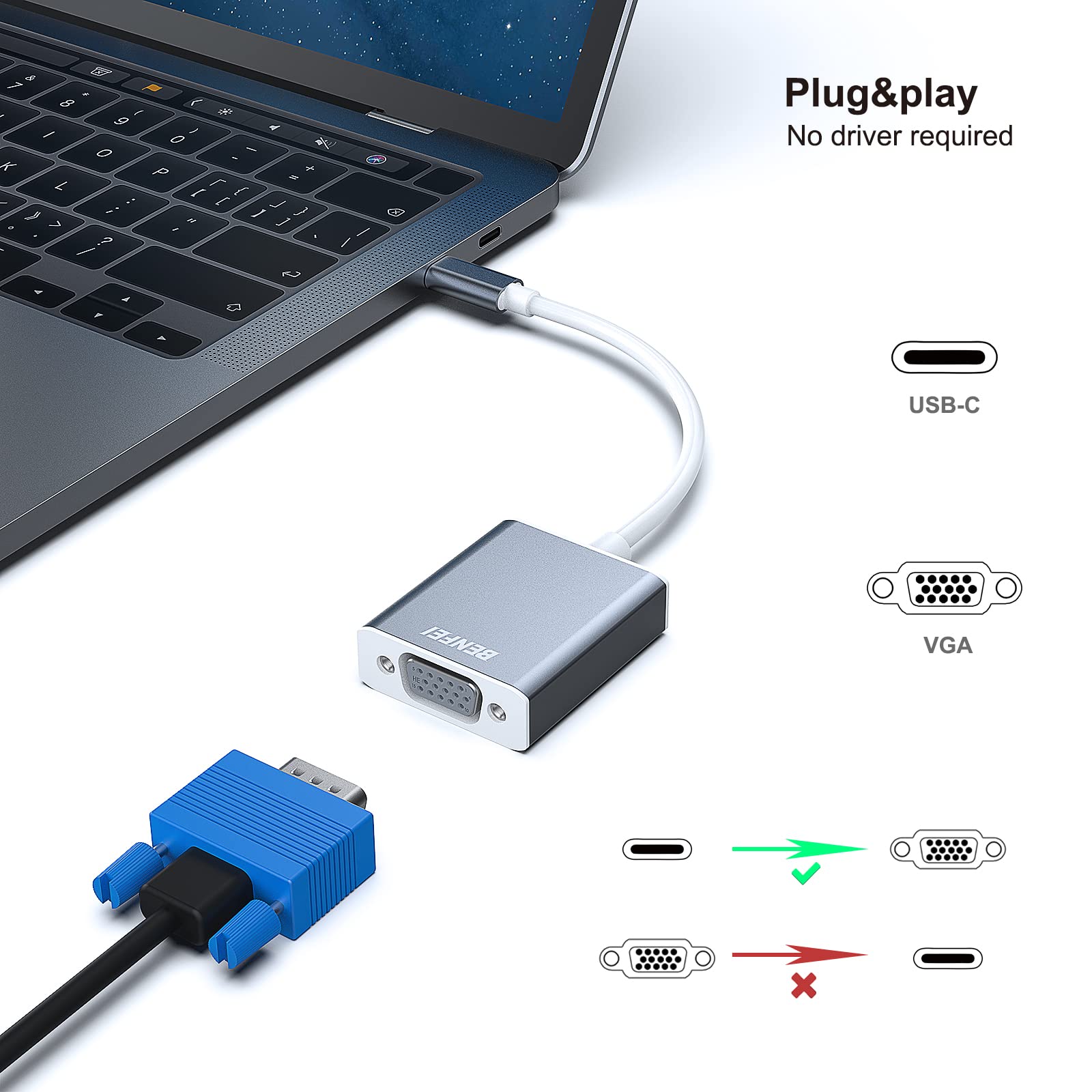 BENFEI 2 Pack USB C to VGA Adapter, Type-C(Thunderbolt 3/4) to VGA Adapter with iPhone 15 Pro/Max, MacBook Pro/Air 2023, iPad Pro, iMac, S23, XPS 17, Surface Book 3 and More[Aluminium Shell]