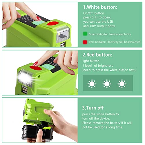 Powered Inverter Generator for Ryobi 18V Volt Battery, 150 Watt Portable Power Inverters with Dual USB & LED Light, DC 18V to AC 110~120V with AC Outlets, Modified Sine Wave Power Inverter