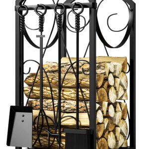 Kingson 5-Piece Firewood Log Rack With 4 Fireplace Tools Set Fireside Holder Wood Lumber Storage Stacking With Tongs Shovel Poker And Brush-Black