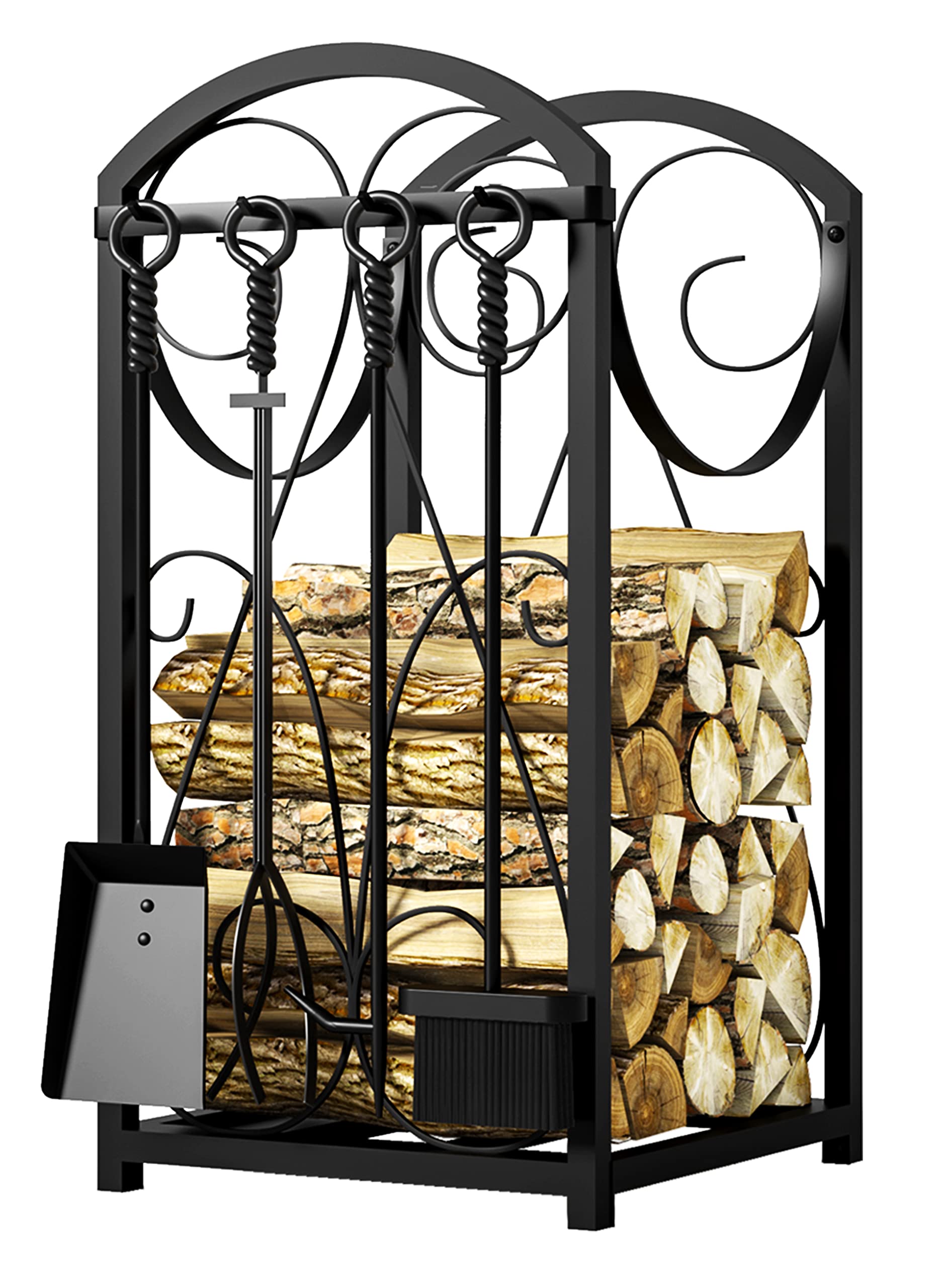 Kingson 5-Piece Firewood Log Rack With 4 Fireplace Tools Set Fireside Holder Wood Lumber Storage Stacking With Tongs Shovel Poker And Brush-Black