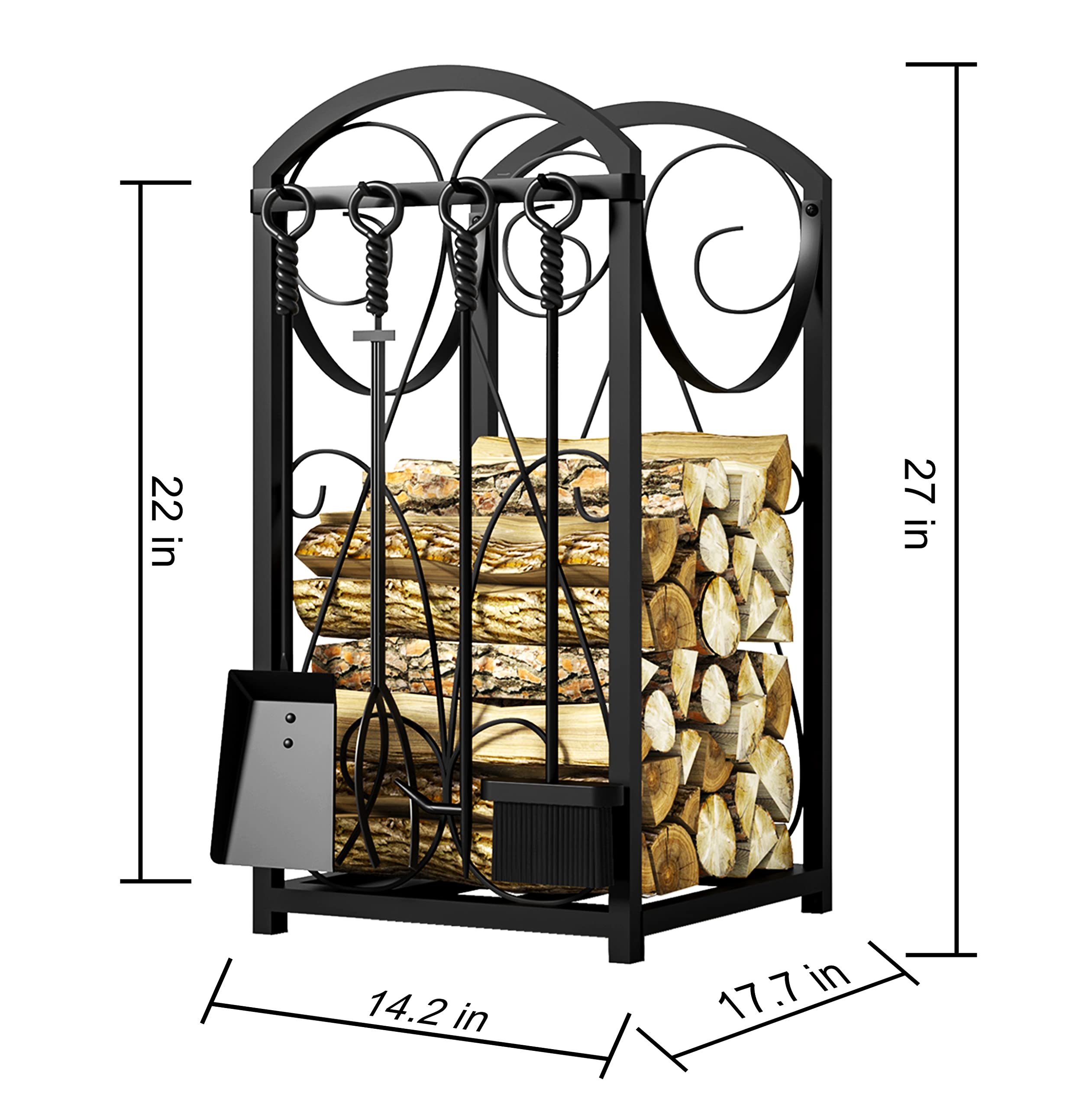 Kingson 5-Piece Firewood Log Rack With 4 Fireplace Tools Set Fireside Holder Wood Lumber Storage Stacking With Tongs Shovel Poker And Brush-Black