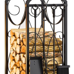 Kingson 5-Piece Firewood Log Rack With 4 Fireplace Tools Set Fireside Holder Wood Lumber Storage Stacking With Tongs Shovel Poker And Brush-Black