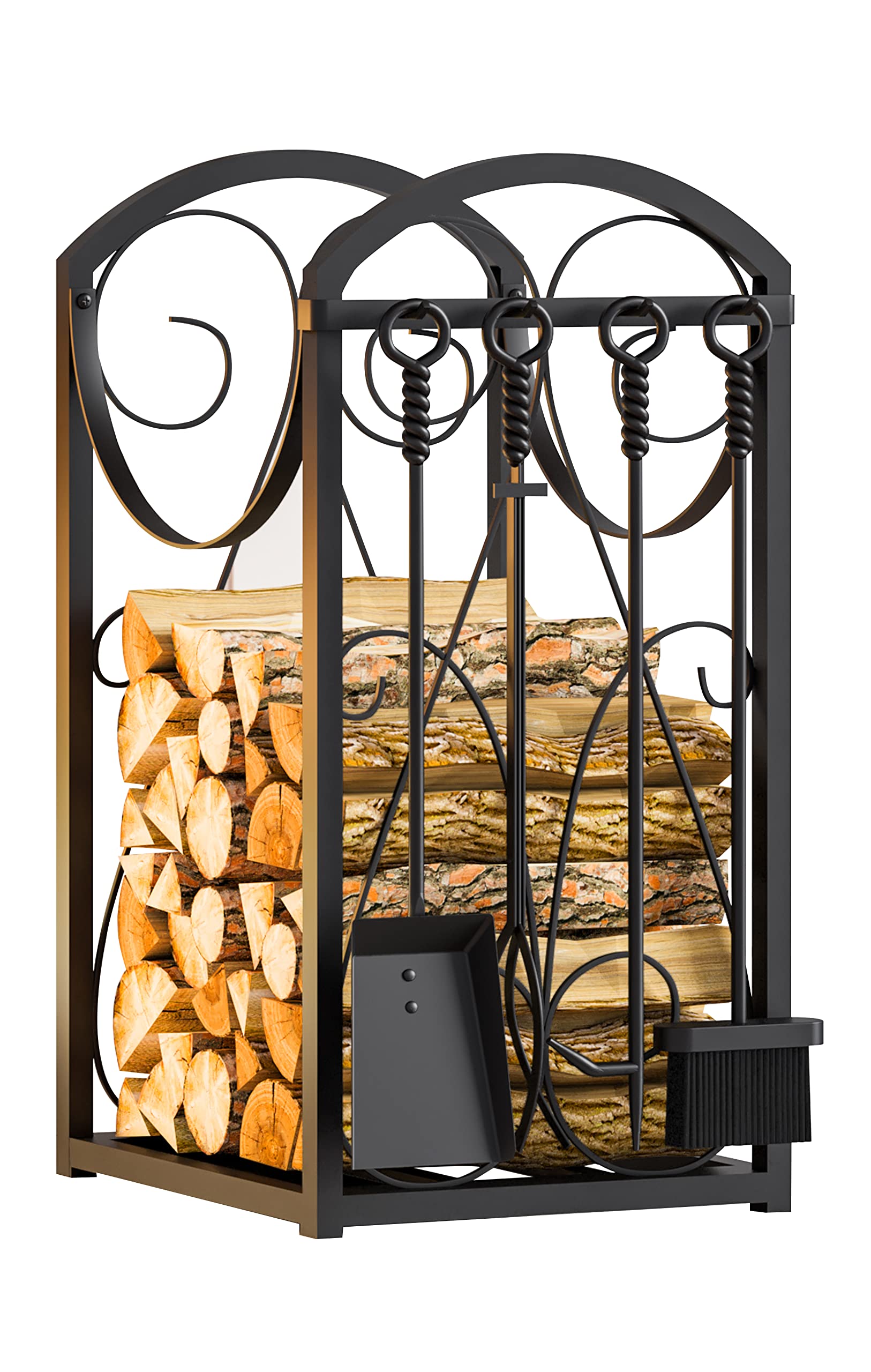 Kingson 5-Piece Firewood Log Rack With 4 Fireplace Tools Set Fireside Holder Wood Lumber Storage Stacking With Tongs Shovel Poker And Brush-Black