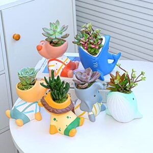 Succulent Pots - Small Succulent Planters Pots with Drainage Set of 6, Cute Cartoon Animal Planter Pots Ceramic Pots for Indoor Cactus Plants Tiny Flower Bonsai Planter Container for Home Garden