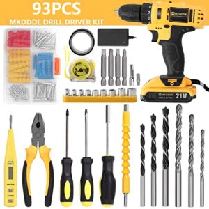 MKODDE 21V Cordless Drill Set, 93-Piece 21V Drill Set, 18+1 Torque Setting and 3/8'' Keyless Chuck, 400 in-lb Torque, 2 Speed,With 1 Lithium-ion Batteries 2.0AH & Fast Charger,for Home Tool Kit